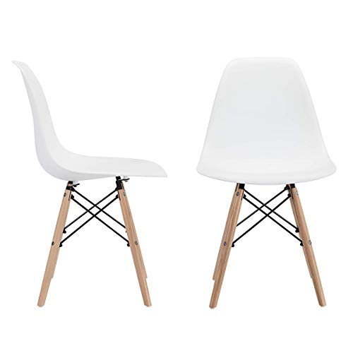 CangLong Modern Mid-Century Dining Chair Shell Lounge Plastic DSW Chair with Natural Wooden Legs for Kitchen, Dining, Bedroom, Living Room Side Chairs Set of 2, White