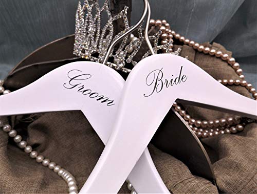 NAHANCO BG20117 Bridal Hanger Set, White Wood Hangers with Black Imprint (Bride and Groom), 17” (2 Piece Set)