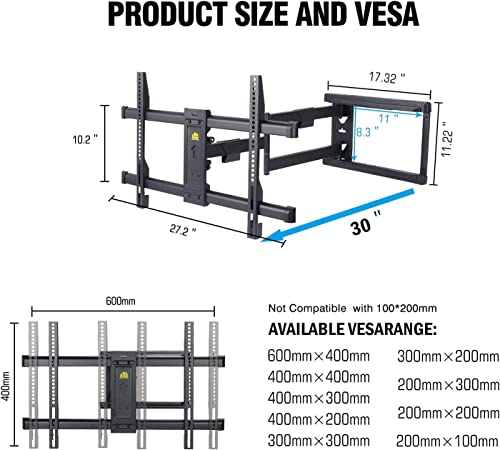 FORGING MOUNT Long Extension TV Mount Corner Wall Mount TV Bracket Full Motion with 30 inch Long Arm for Corner/Flat Installation fits 37 to 75" Flat/Curve TVs, VESA 600x400mm Holds up to 99lbs