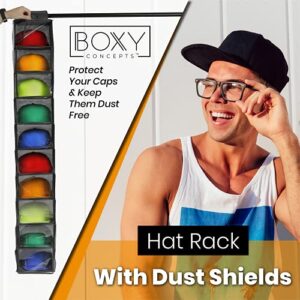 Boxy Concepts Hat Rack with Dust Shield - 10 Shelf Hanging Closet Hat Organizer for Baseball Caps - Hat Storage To Protect Your Caps and Dust Proof Hat Holder - Baseball Hat Organizer & Hat Hanger