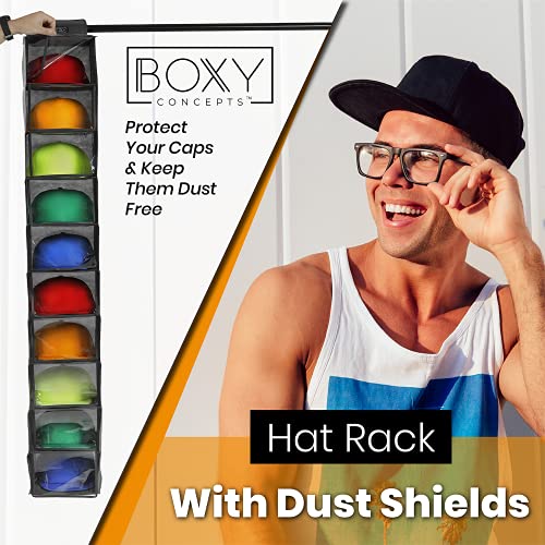 Boxy Concepts Hat Rack with Dust Shield - 10 Shelf Hanging Closet Hat Organizer for Baseball Caps - Hat Storage To Protect Your Caps and Dust Proof Hat Holder - Baseball Hat Organizer & Hat Hanger