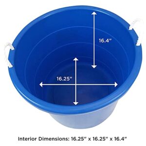 Homz Multipurpose 18 Gallon Plastic Open-Top Storage Round Utility Tub with Rope Handles for Indoor or Outdoor Home Organization, Blue (2 Pack)