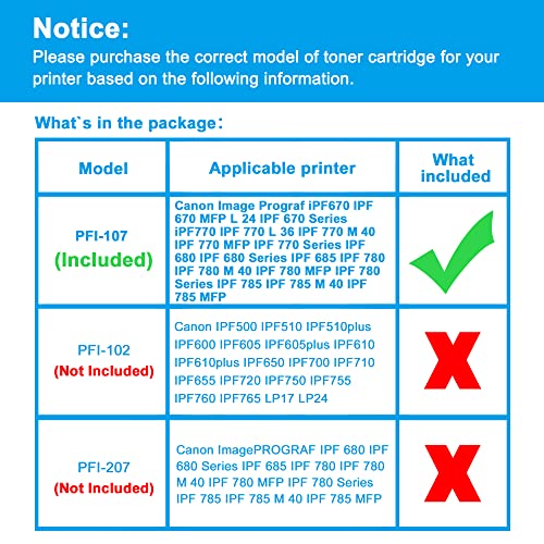 LCL Compatible Ink Cartridge Replacement for Canon PFI107 PFI-107 PFI-107MBK PFI-107BK PFI-107C PFI-107M PFI-107Y 6704B001 6705B001 6706B001 6707B001 6708B001 (6-Pack KCMY2MBK)