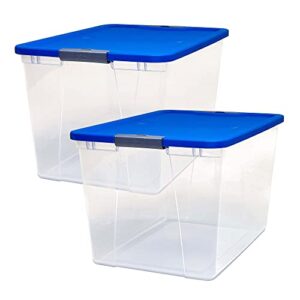 homz 64 quart secured seal latch extra large single clear stackable storage container tote with blue lid for home, garage, or basement (2 pack)