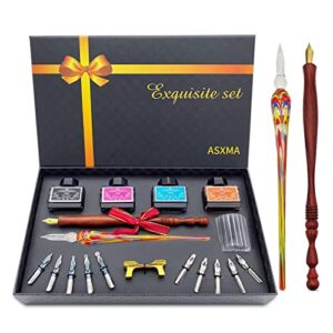 asxma calligraphy pens gift set - personalized caligraphy pen kits calligraphy set for beginners&professional include glass and wooden dip pen,pen holder,various sizes of nibs etc