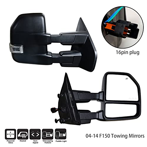 AERDM New Pair towing mirror Set fit 2004 05 06 07 08 09 10 11 12 13 2014 F150 Pickup Truck Black Housing side Mirrors with Power Heated, Blind Spot mirror with Turn Signal, Puddle and Auxiliary Lamp