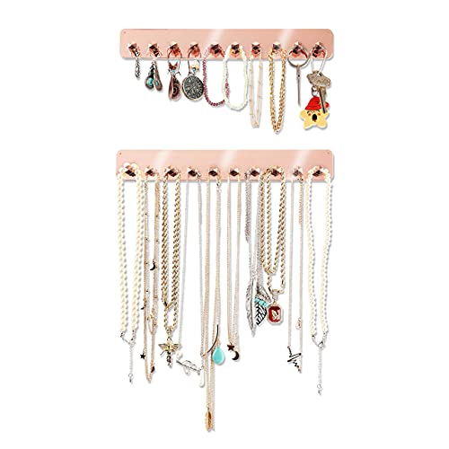 Boxy Concepts Necklace Organizer - 2 Pack - Easy-Install 10.5"x1.5" Hanging Necklace Holder Wall Mount with 10 Necklace Hooks - Beautiful Necklace Hanger also for Bracelets and Earrings (Rose Gold)