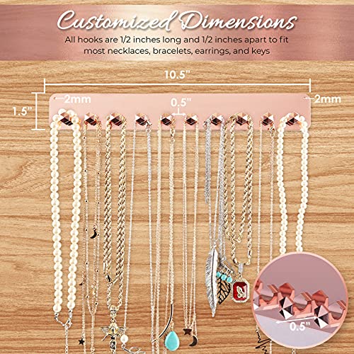 Boxy Concepts Necklace Organizer - 2 Pack - Easy-Install 10.5"x1.5" Hanging Necklace Holder Wall Mount with 10 Necklace Hooks - Beautiful Necklace Hanger also for Bracelets and Earrings (Rose Gold)