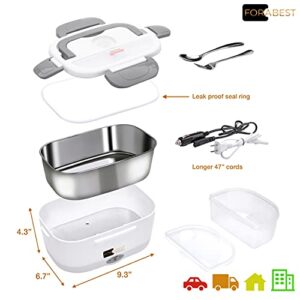 FORABEST Electric Lunch Box - Fast 60W Food Heater 3-In-1 Portable Food Warmer Lunch Box for Car & Home – Leak proof, 2 Compartments, Removable 304 Stainless Steel Container, fork, spoon and Carry Bag