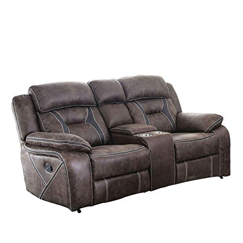 Benjara Faux Leather Upholstered Loveseat with Pillow Back and Center Console, Brown