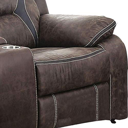 Benjara Faux Leather Upholstered Loveseat with Pillow Back and Center Console, Brown