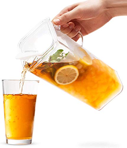 Komax Large Plastic Water Pitcher with Lid Square Water Carafe with Lids – BPA-Free, Dishwasher Safe Plastic Pitcher – Water, Tea, or Juice Containers with Lids for Fridge (2.3 Liters)