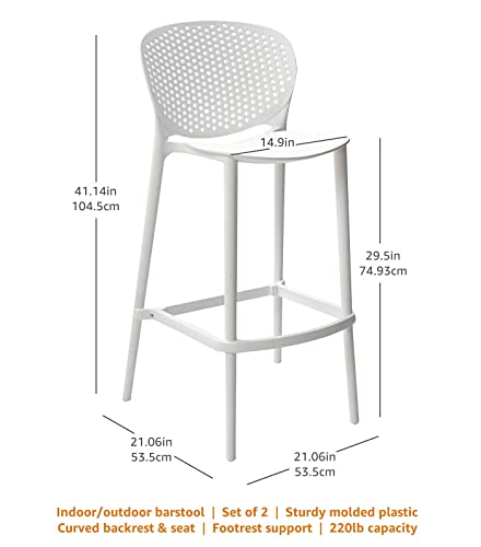 Amazon Basics High Back Indoor Molded Plastic Barstool with Footrest, Set of 2 - White