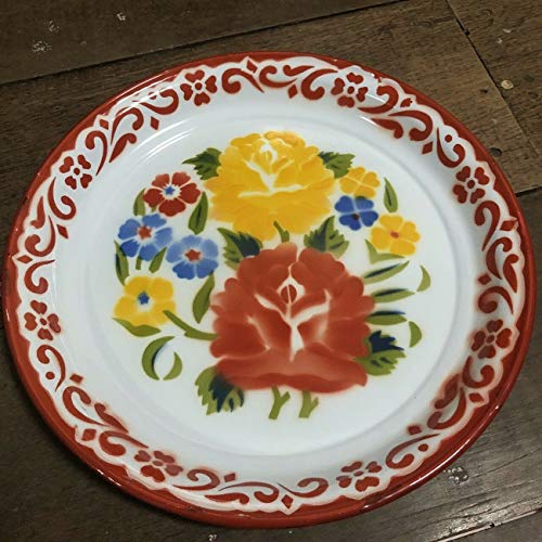 12" Round Enamel Floral Food Tray Vintage Serving Plate Dish Bowl Thai Restaurant Cooking