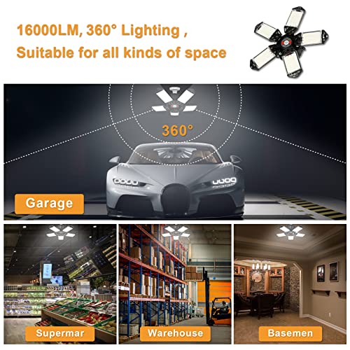 LED Garage Light 2 Pack - 160W Led Shop Light, 16000 Lumen 360° Lighting Garage Lights Ceiling LED with 5 Adjustable Panels, 6500K Daylight for Barn Workshop Basement Support E26/E27 Screw Socket