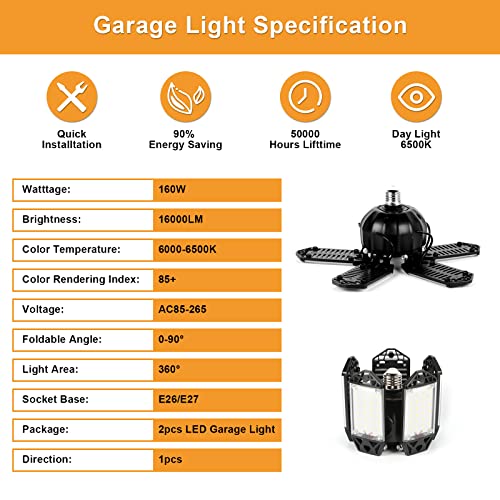 LED Garage Light 2 Pack - 160W Led Shop Light, 16000 Lumen 360° Lighting Garage Lights Ceiling LED with 5 Adjustable Panels, 6500K Daylight for Barn Workshop Basement Support E26/E27 Screw Socket