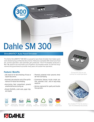 Dahle ShredMATIC SM 300 Auto-Feed Paper Shredder, 300 Sheet Locking bin, Oil-Free, Jam Protection, Security Level P-4, 3-5 Users