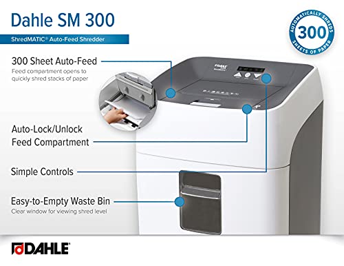 Dahle ShredMATIC SM 300 Auto-Feed Paper Shredder, 300 Sheet Locking bin, Oil-Free, Jam Protection, Security Level P-4, 3-5 Users