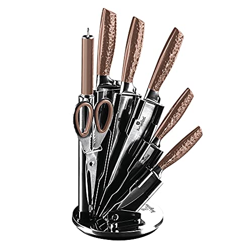 Berlinger Haus Kitchen Knife Set with Block, 8 Piece Knives Set for Kitchen, Cooking Knives with Kitchen Shears and Sharpener, Sharp Cutting Stainless Steel Chef Knife Set with Acrylic Stand, Gold