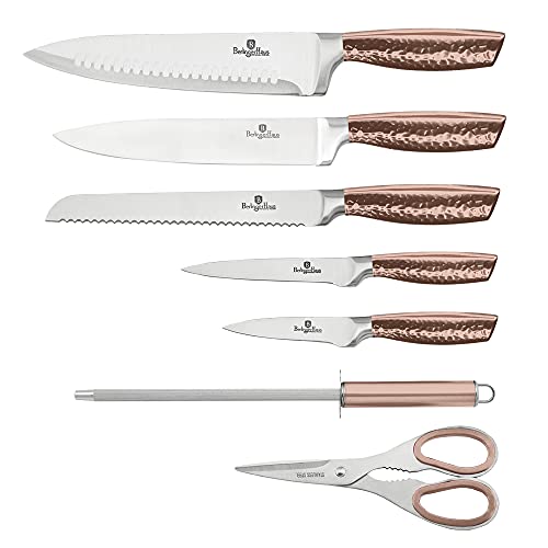 Berlinger Haus Kitchen Knife Set with Block, 8 Piece Knives Set for Kitchen, Cooking Knives with Kitchen Shears and Sharpener, Sharp Cutting Stainless Steel Chef Knife Set with Acrylic Stand, Gold