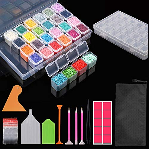 2Pack 28 Slots Diamond Painting Storage Containers Portable Plastic Bead Storage Box with Diamond Painting Tools and Accessories Kit Apply to Full Drill & Partial Drill 5D Diamond Painting