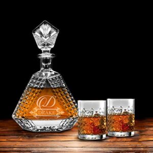 Personalized Scotch Whiskey Bourbon Glass 23 oz Decanter and 2 Glasses Set - Custom Engraved - Triangle Shape