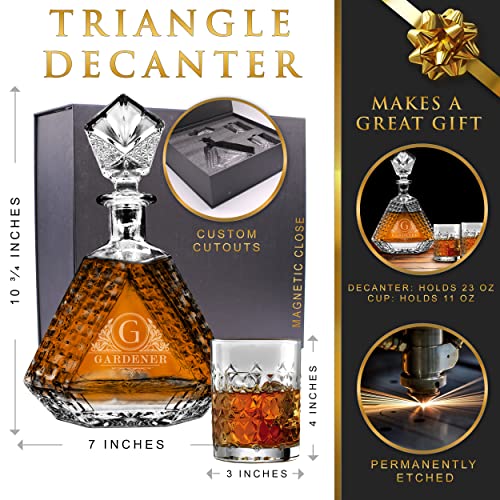 Personalized Scotch Whiskey Bourbon Glass 23 oz Decanter and 2 Glasses Set - Custom Engraved - Triangle Shape