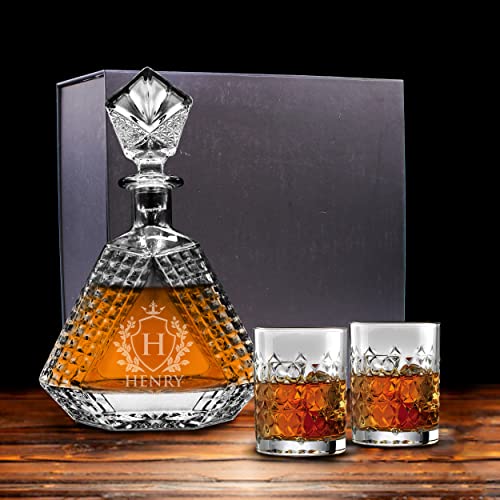 Personalized Scotch Whiskey Bourbon Glass 23 oz Decanter and 2 Glasses Set - Custom Engraved - Triangle Shape