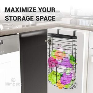 Lilimpact Over the Cabinet Kitchen Storage Grocery Bag Plastic Shopping Bag and Garbage Bag Holder Saver Dispenser Rack Stainless Steel' (Black)