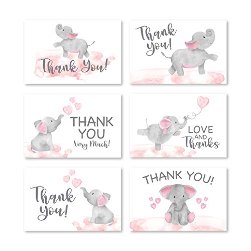 24 Pink Elephant Baby Shower Thank You Cards With Envelopes, Kids Thank You Note, Animal 4x6 Varied Gratitude Card Pack For Party, Girl Children Birthday, Cute Event Appreciation Stationery