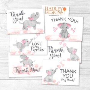 24 Pink Elephant Baby Shower Thank You Cards With Envelopes, Kids Thank You Note, Animal 4x6 Varied Gratitude Card Pack For Party, Girl Children Birthday, Cute Event Appreciation Stationery