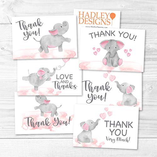 24 Pink Elephant Baby Shower Thank You Cards With Envelopes, Kids Thank You Note, Animal 4x6 Varied Gratitude Card Pack For Party, Girl Children Birthday, Cute Event Appreciation Stationery