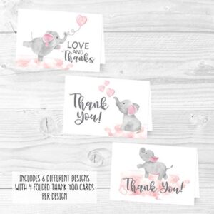 24 Pink Elephant Baby Shower Thank You Cards With Envelopes, Kids Thank You Note, Animal 4x6 Varied Gratitude Card Pack For Party, Girl Children Birthday, Cute Event Appreciation Stationery