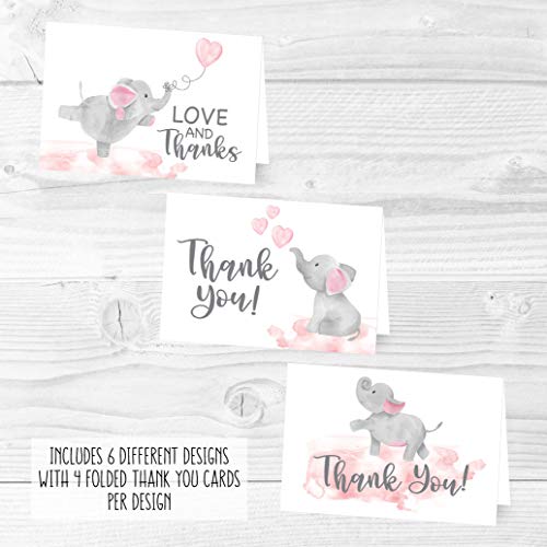 24 Pink Elephant Baby Shower Thank You Cards With Envelopes, Kids Thank You Note, Animal 4x6 Varied Gratitude Card Pack For Party, Girl Children Birthday, Cute Event Appreciation Stationery