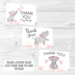 24 Pink Elephant Baby Shower Thank You Cards With Envelopes, Kids Thank You Note, Animal 4x6 Varied Gratitude Card Pack For Party, Girl Children Birthday, Cute Event Appreciation Stationery