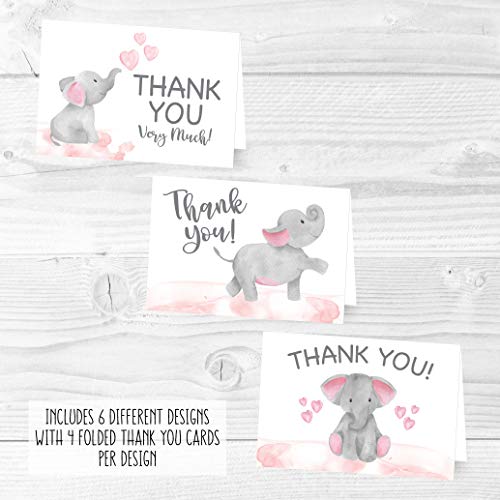 24 Pink Elephant Baby Shower Thank You Cards With Envelopes, Kids Thank You Note, Animal 4x6 Varied Gratitude Card Pack For Party, Girl Children Birthday, Cute Event Appreciation Stationery