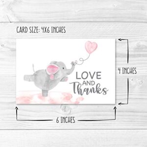 24 Pink Elephant Baby Shower Thank You Cards With Envelopes, Kids Thank You Note, Animal 4x6 Varied Gratitude Card Pack For Party, Girl Children Birthday, Cute Event Appreciation Stationery