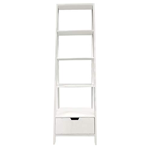 The Urban Port 4-Shelf Wooden Ladder Bookcase with Bottom Drawer, Distressed White