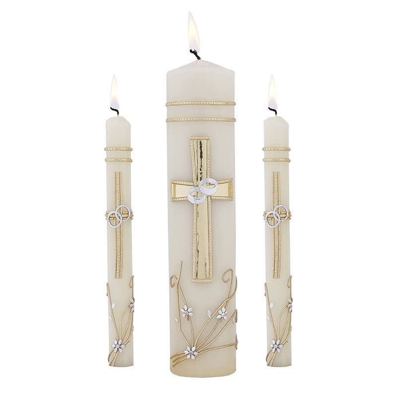 CB Church Supply Hand Crafted Wedding Candle Set by Will & Baumer, Set of 3, Ornate Cross