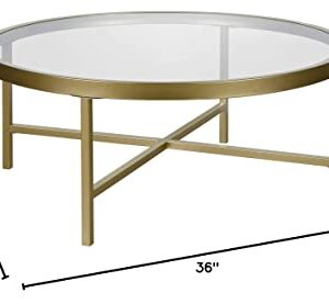 Henn&Hart 36" Wide Round Coffee Table with Glass Top in Brass, Modern coffee tables for living room, studio apartment essentials