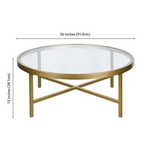 Henn&Hart 36" Wide Round Coffee Table with Glass Top in Brass, Modern coffee tables for living room, studio apartment essentials