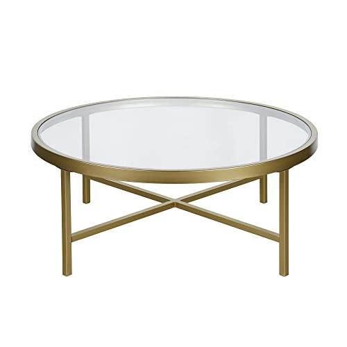 Henn&Hart 36" Wide Round Coffee Table with Glass Top in Brass, Modern coffee tables for living room, studio apartment essentials