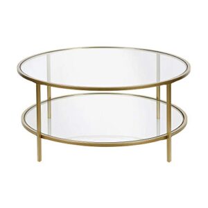 henn&hart 36" wide round coffee table with glass top in brass, round coffee table for living room, studio apartment essentials