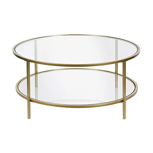 Henn&Hart 36" Wide Round Coffee Table with Glass Top in Brass, Round Coffee Table for living room, studio apartment essentials