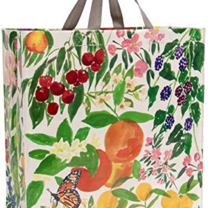 Blue Q Shopper, Orchard. Reusable grocery bag, sturdy, easy-to-clean, made from 95% recycled material, features both hand and shoulder straps, 15" h x 16" w x 6" d