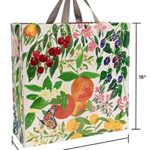 Blue Q Shopper, Orchard. Reusable grocery bag, sturdy, easy-to-clean, made from 95% recycled material, features both hand and shoulder straps, 15" h x 16" w x 6" d