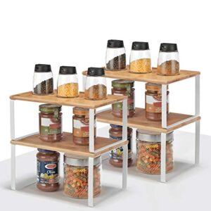 SONGMICS Cabinet Shelf Organizers, Set of 4 Kitchen Counter Shelves, Stackable, Expandable Spice Racks, Metal and Wood, White and Natural UKCS010N01