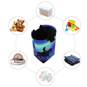 N/ A Collapsible Laudry Basket Large Foldable Laundry Hamper - Girl On Running Horse Northern Lights Starry Sky Bathroom Clothes Bag Waterproof Washing Bin