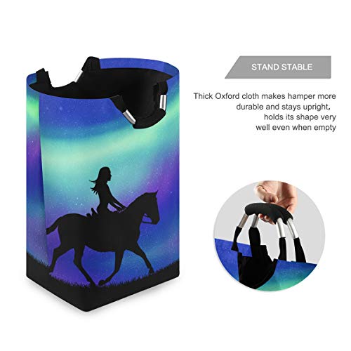 N/ A Collapsible Laudry Basket Large Foldable Laundry Hamper - Girl On Running Horse Northern Lights Starry Sky Bathroom Clothes Bag Waterproof Washing Bin