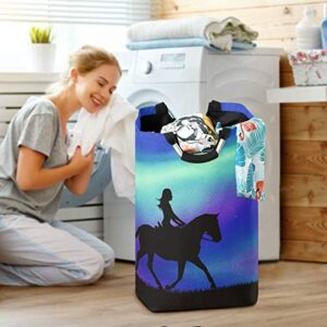 N/ A Collapsible Laudry Basket Large Foldable Laundry Hamper - Girl On Running Horse Northern Lights Starry Sky Bathroom Clothes Bag Waterproof Washing Bin